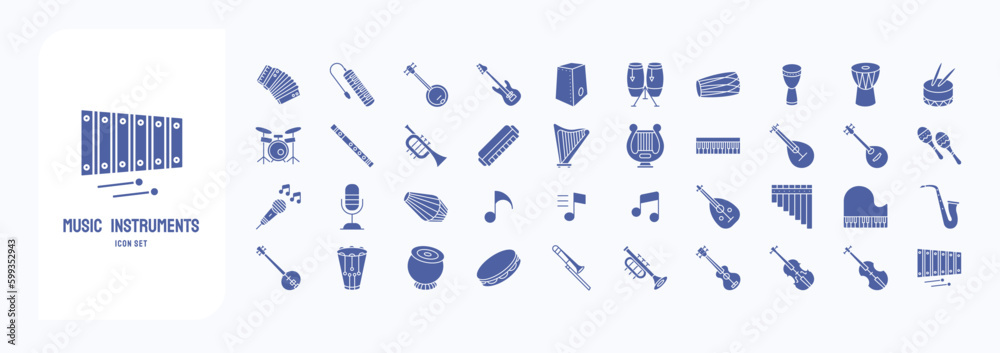A collection sheet of solid icons for Music Instruments, including ...