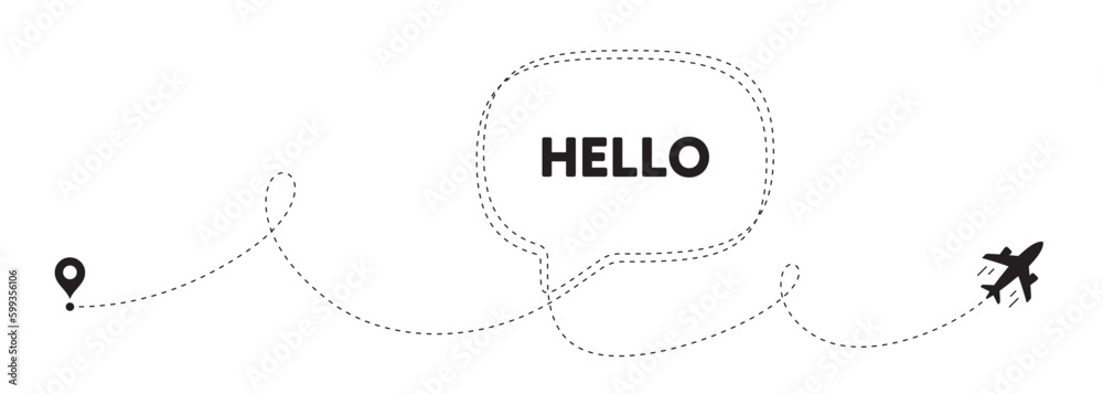 Hello welcome tag. Plane travel path line banner. Hi invitation offer ...