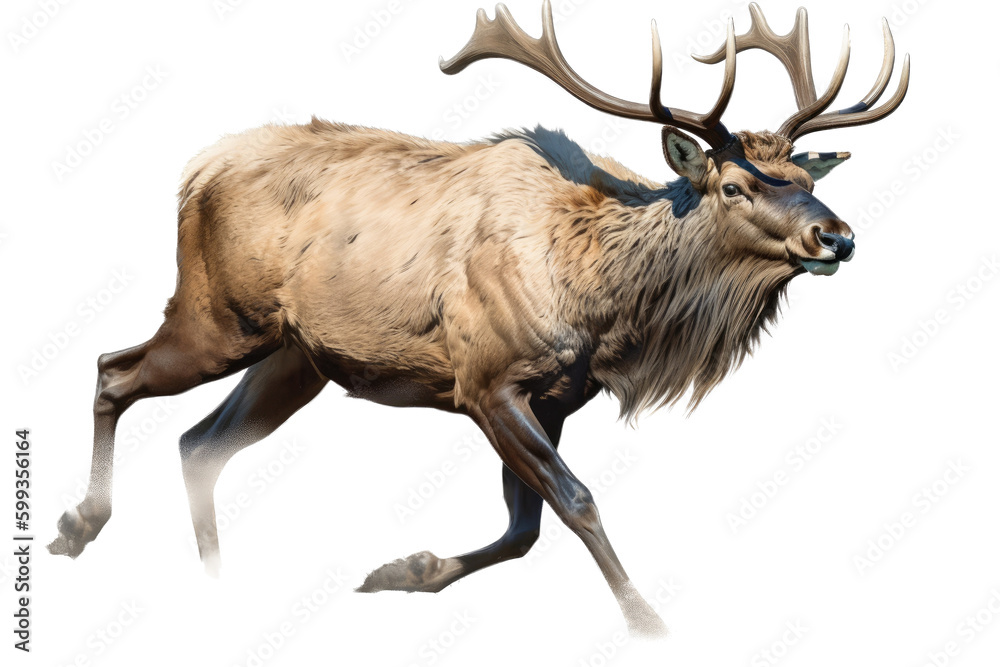an isolated Bull Elk running with large antlers, strong and muscular ...