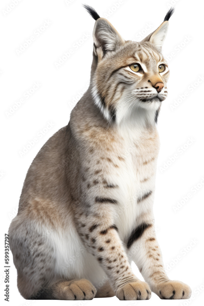 an isolated Bobcat, stunning, sitting, 3/4, and frontal view, a ...