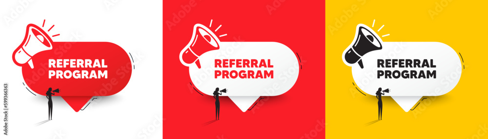 Referral program tag. Speech bubble with megaphone and woman silhouette ...
