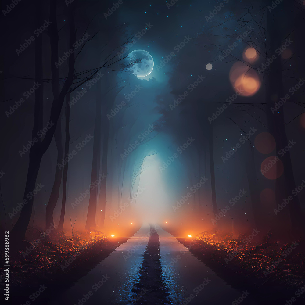 moon illuminates the road on a night background. Forest, fog. Banner ...