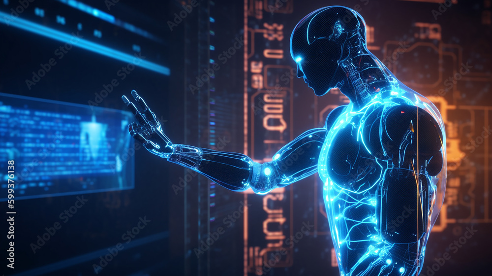 Poster A humanoid robot behind a holographic screen is engaged in ...