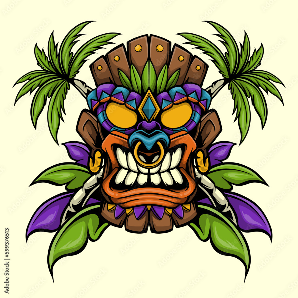 Vector illustration features a vibrant and expressive tiki head with ...