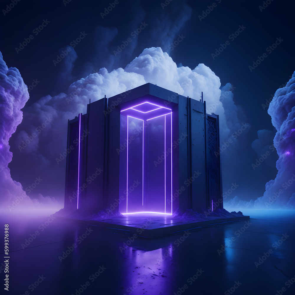 Cube Shaped Structure Arch Neon Lights Dark Night Podium Stage Polish ...