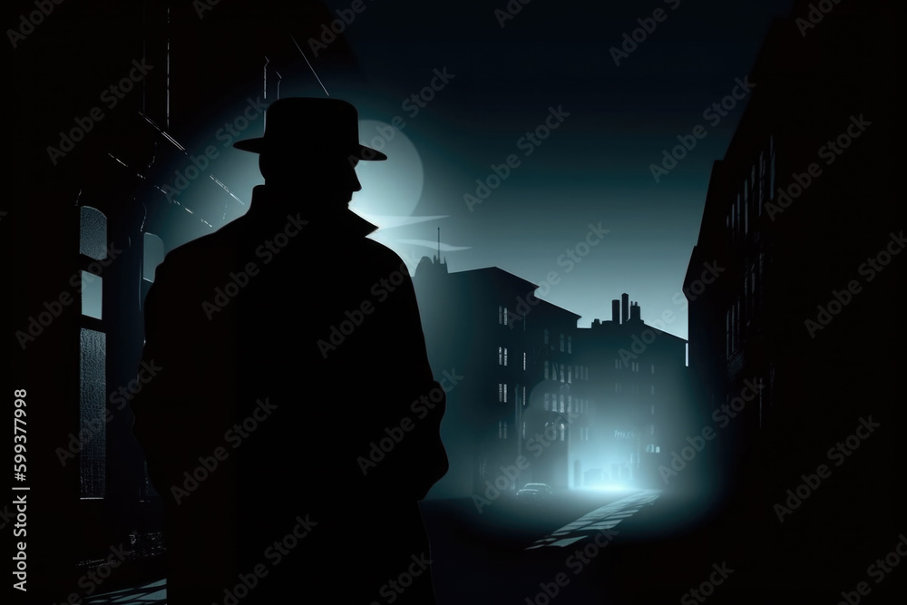 Silhouette of a man in a hat and coat on a night street. Gangster ...