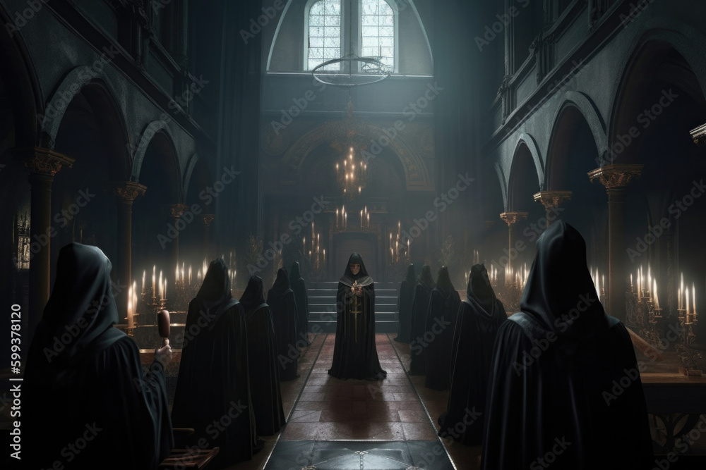 Secret society ceremony, people in hoods praying together. Members of ...