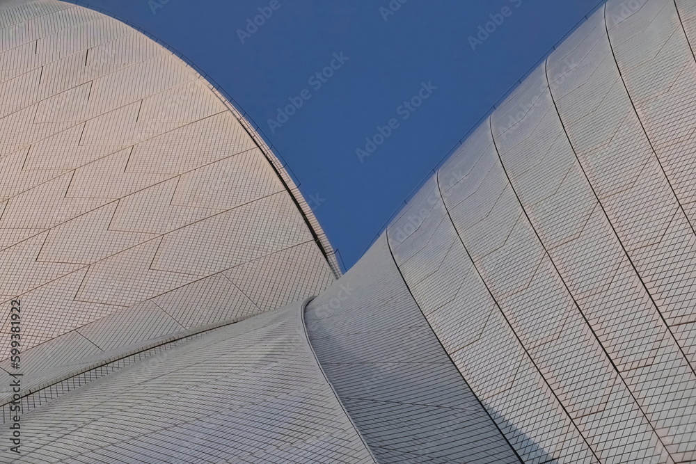 View at twilight from the SW of the Sydney Opera House shell roofs. NSW ...