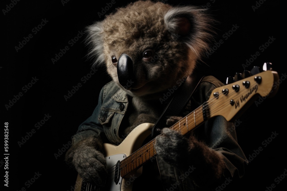 Full photo realistic, a koala dressed as rock musician playing bass ...