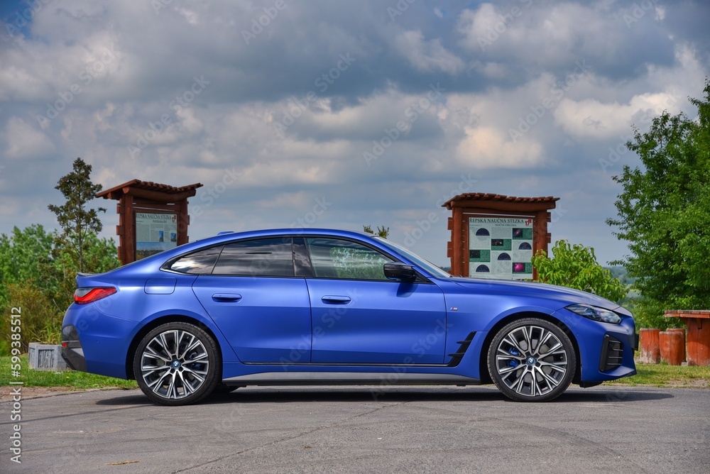 BMW i4 M50. Fully electric powerful and luxurious car. General side ...