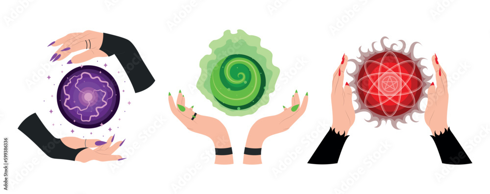 Set of hands with magic layers in cartoon style. Vector illustration of ...