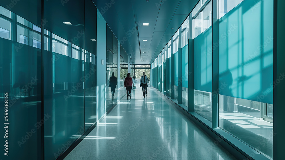 people walk down a hallway in an office building with blue glass wall ...