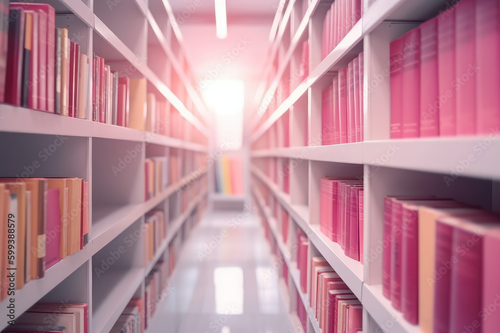 Blur image of picture library pink background. bookshelves in the ...