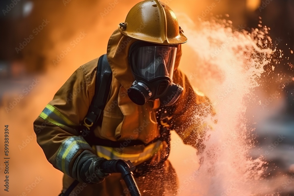 Firefighter fighting with flame using fire hose chemical water foam ...