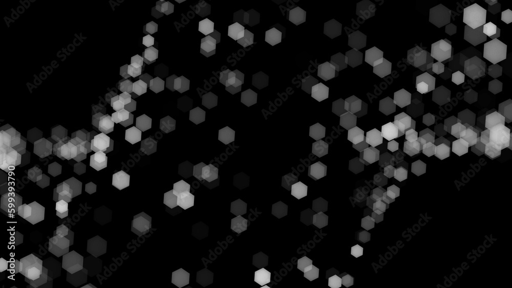 Blurred white bokeh lights in hexagon shapes in diagonal pattern on black background, dark night ...