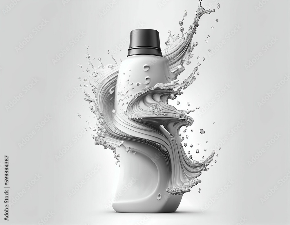 Black And White Mock Up Empty Shampoo Bottle With Water Splash On