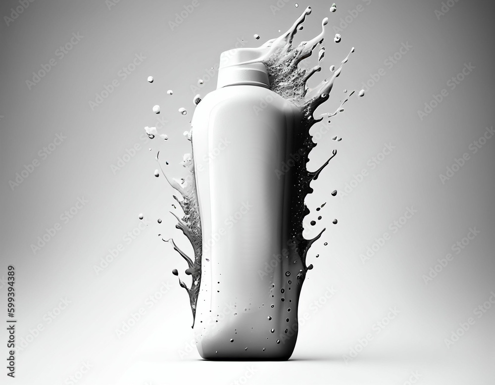 Black And White Mock Up Empty Shampoo Bottle With Water Splash On