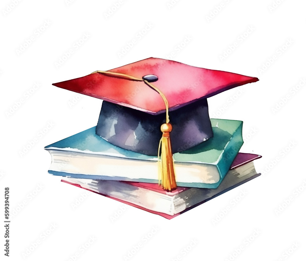 Watercolor graduation cap with books. Hand drawn school illustration ...
