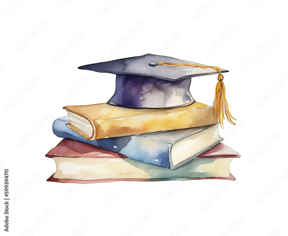 Watercolor graduation cap with books. Hand drawn school illustration ...