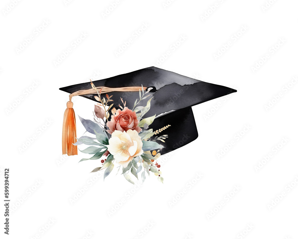 Watercolor graduation cap with flowers. school illustration. Grading ...