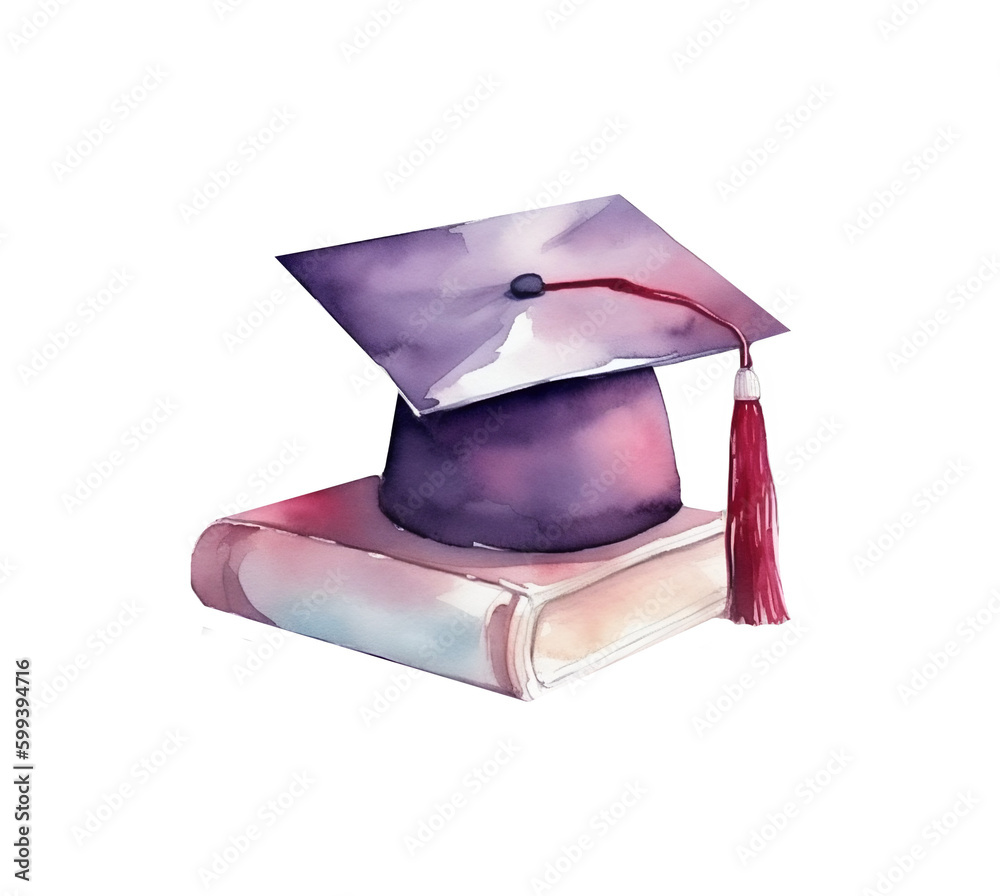 Watercolor graduation cap with books. Hand drawn school illustration ...