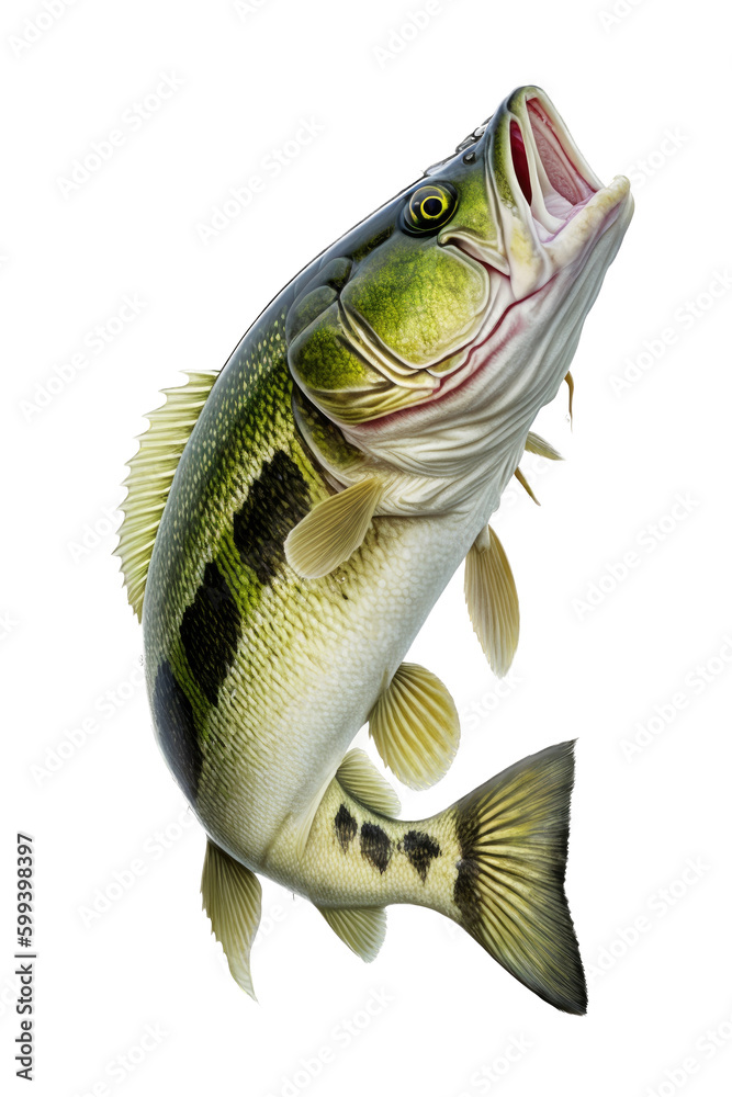 an isolated single Largemouth Bass swimming, freshwater sportfishing ...