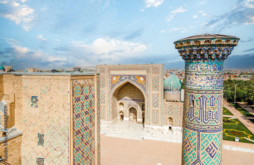 Samarkand, Uzbekistan aerial view of The Registan Square. Ulugh Beg ...