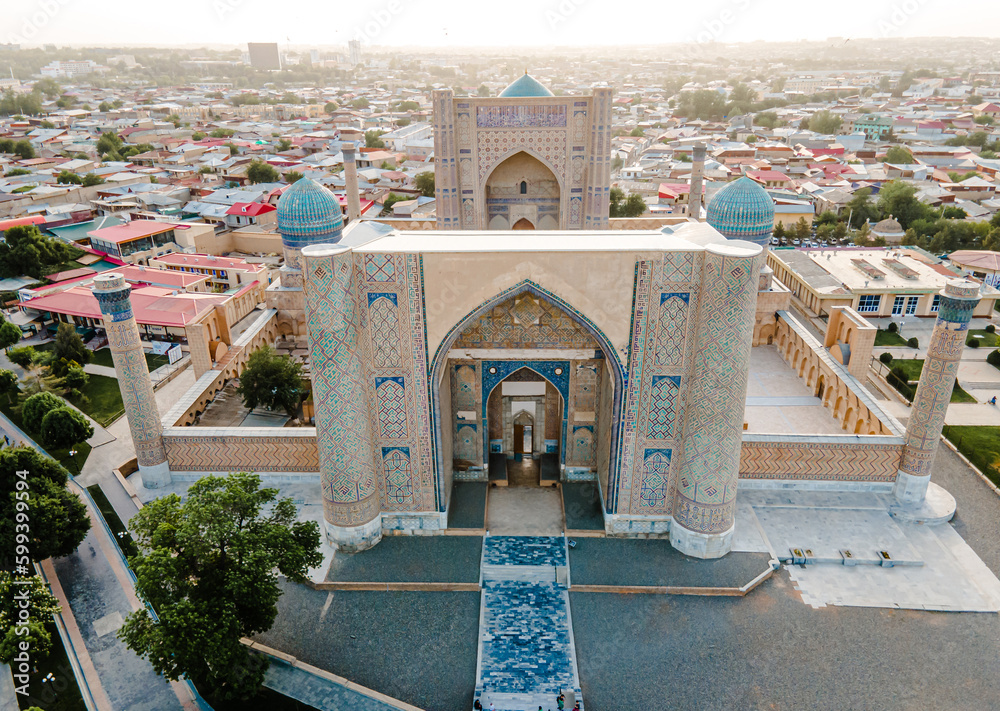 Samarkand, Uzbekistan aerial view of Bibi Khanym Mosque. Main place of ...
