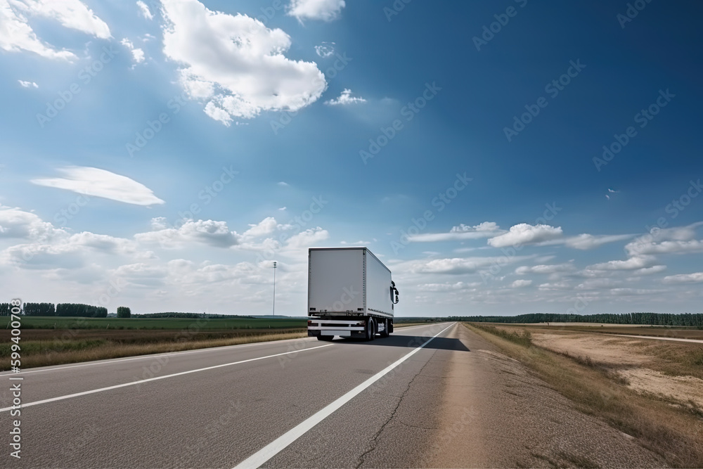 Rear view of white van semi truck drive on suburban asphalted highway ...