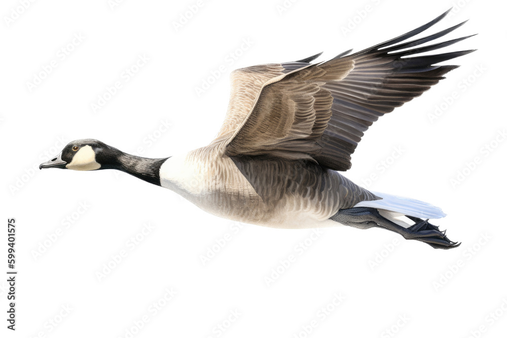 an isolated Canadian Goose in flight, migration, sport hunting ...