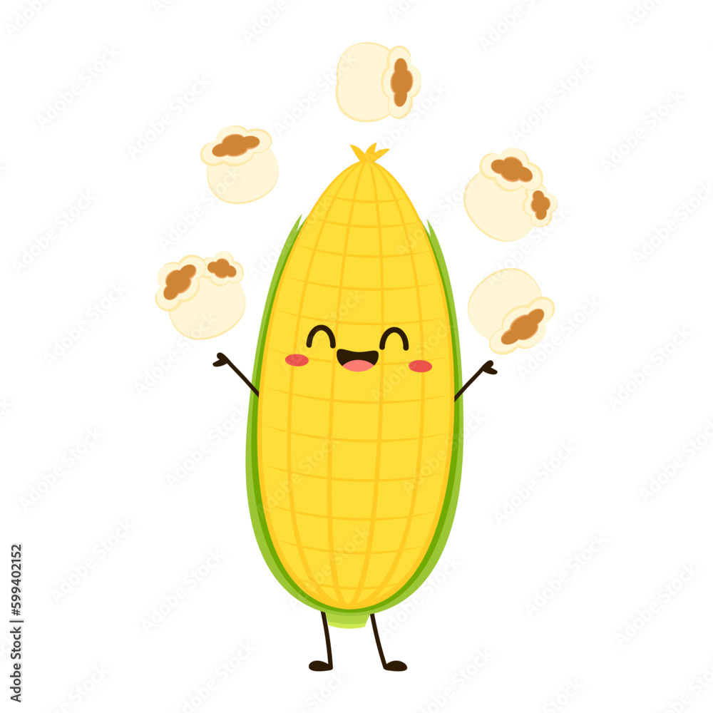Corn and popcorn cartoon. Vector mascot, cartoon and illustration of a ...