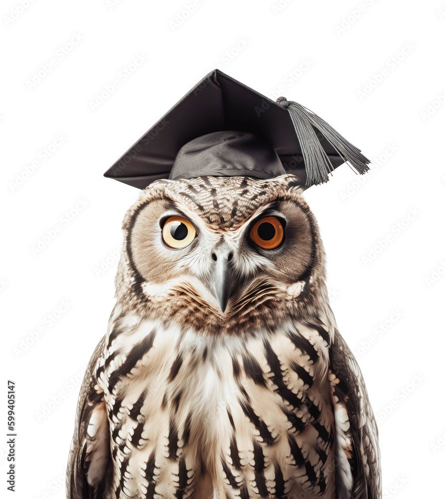 portrait of a wise graduate eagle owl wearing a graduation hat looking ...