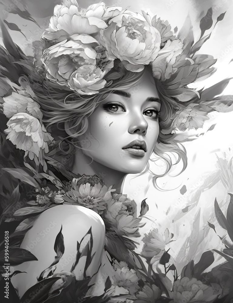 Fantasy character with Asian influences, western woman with flowers ...