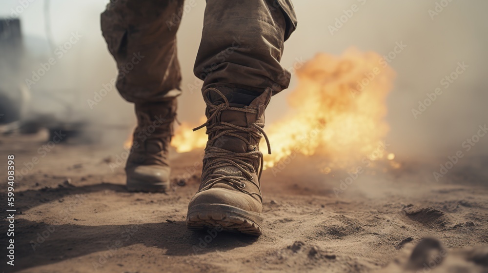 A soldier walking through a burning war zone. A military special forces ...