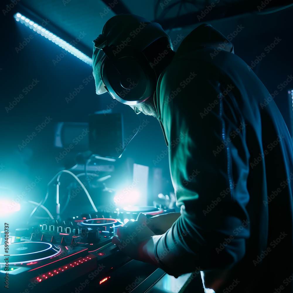 Male disc jockey bent over the music mixer. DJ creating music in the ...