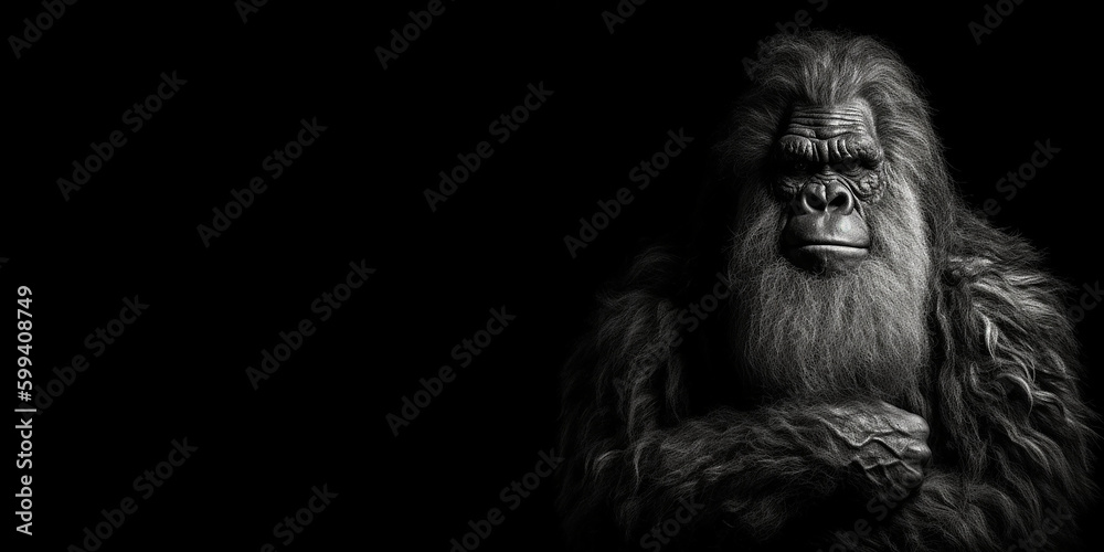 Black and white photorealistic studio portrait of a mature male Bigfoot ...