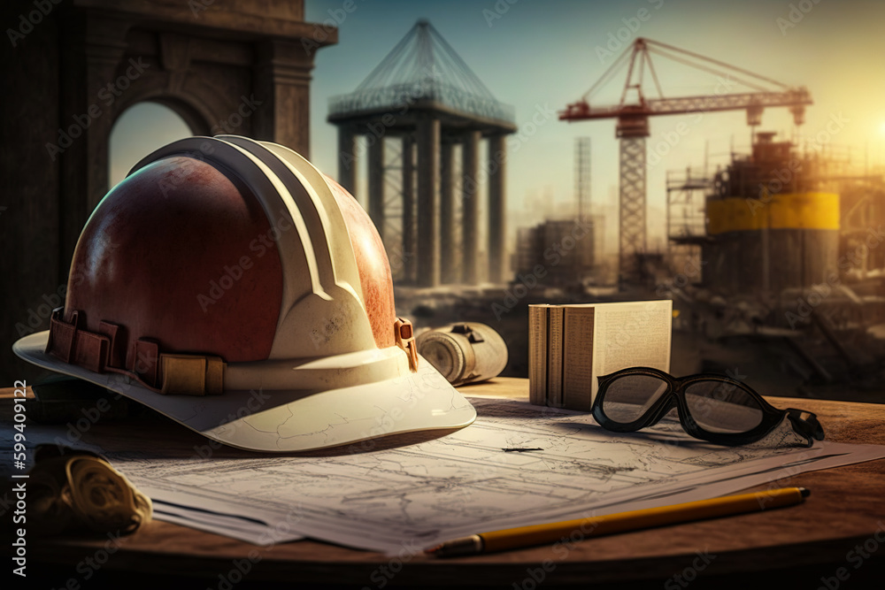 Table ob an engineer with plans and yellow safety cask on. Construction ...