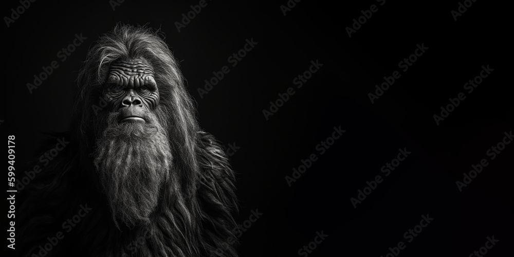 Black and white photorealistic studio portrait of a mature male Bigfoot ...