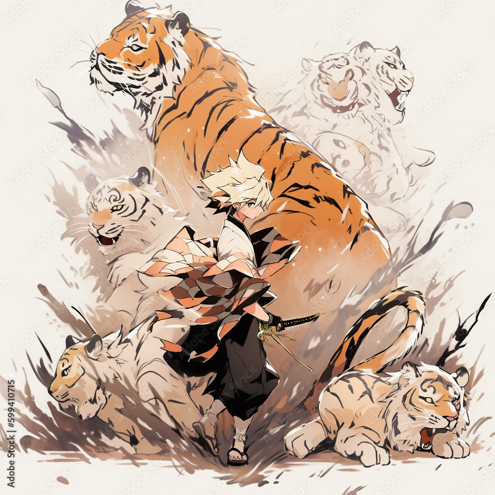 A drawing of a tiger attacking a man with a sword. AI generative ...