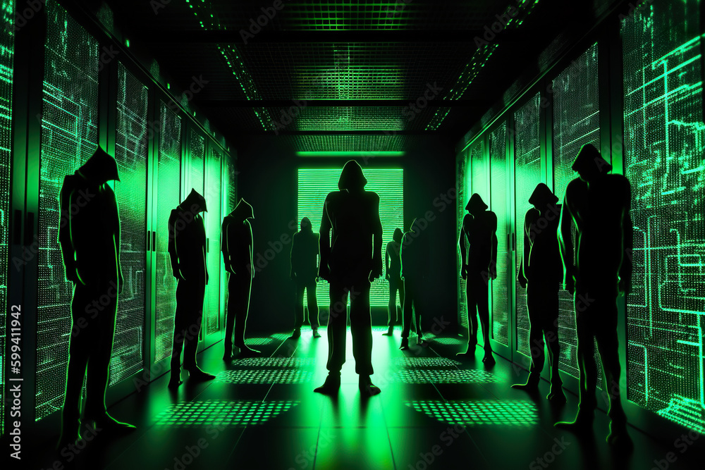 A group of men, hackers, evil digital AIs standing in front of a green ...