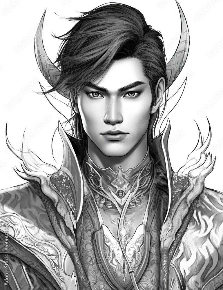 Fantasy character with Asian influences, black white illustration ...