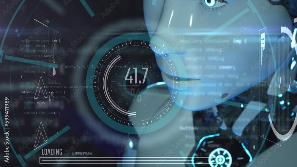 3d motion graphic animation of futuristic walking female robot face ...