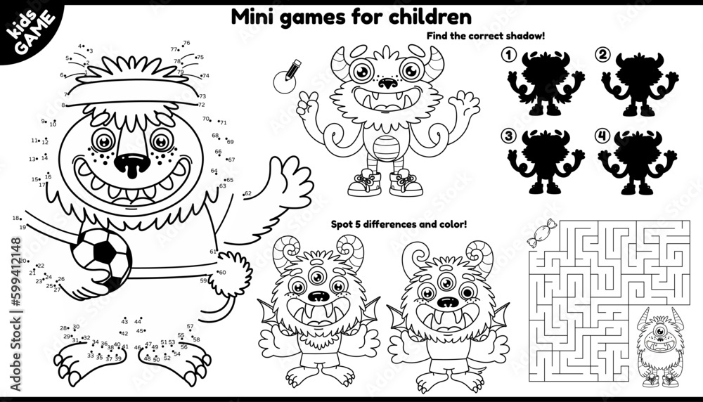 Vector monsters placement for children. Set of contour kids games with ...