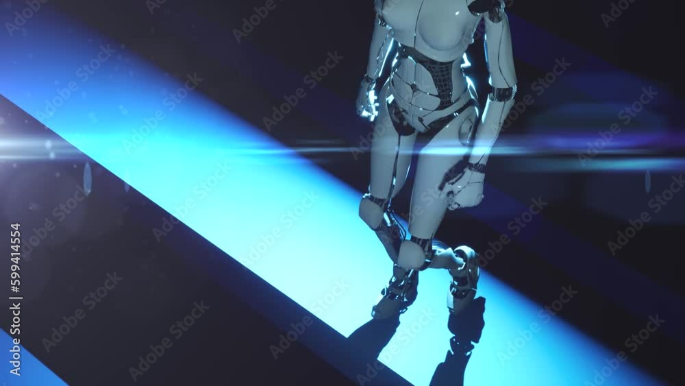 3d render animation of top view at walking female robot on shapes with ...