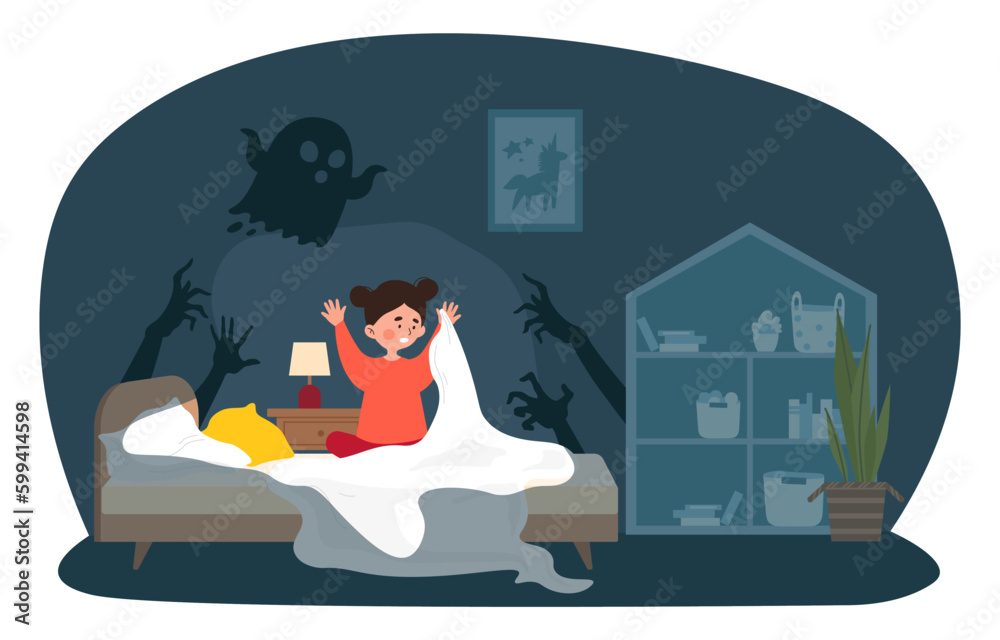 Kid nightmare concept. Little girl sitting on bed surrounded by shadows ...