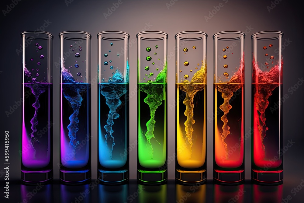 Row of isolated laboratory test tubes with colorful liquid and bubbles ...