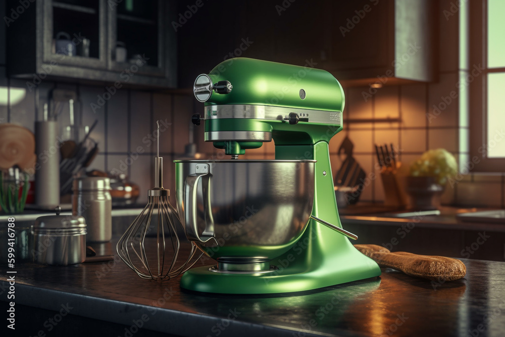 A beautiful food mixer with a metal cup stands in the modern kitchen ...