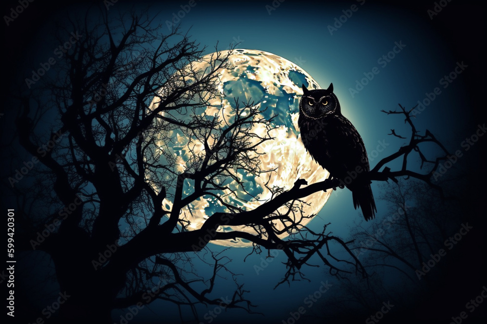 Tree branch with an owl at night with full moon. Wild animal in the ...