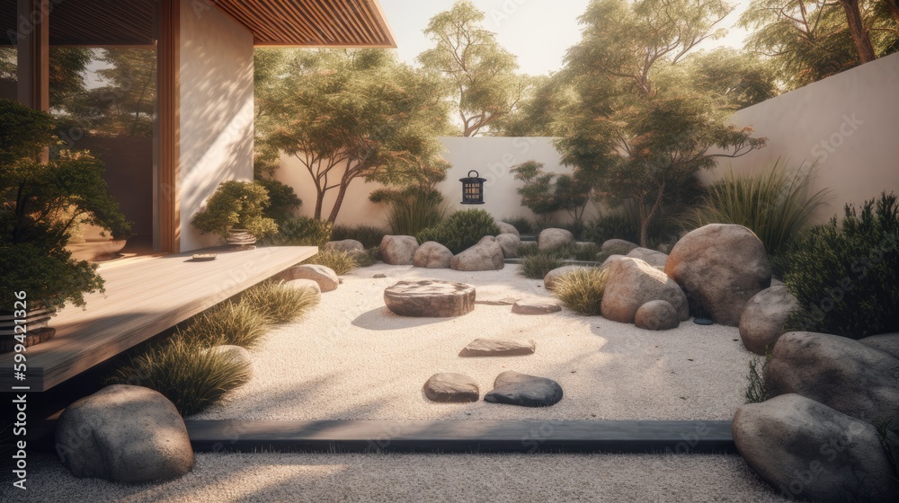 A serene and peaceful exterior design of a zen garden with minimalist ...