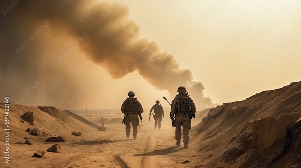 Military special forces soldiers crosses destroyed warzone through fire ...